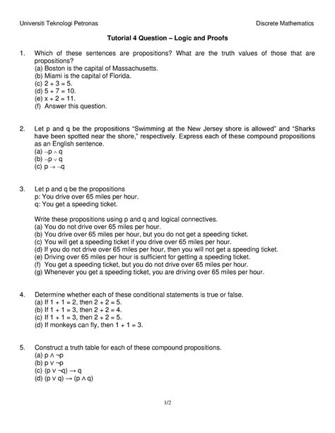 Dm Tut 4 Logics Exercise For Discrete Mathematics Chapter 2 Logic