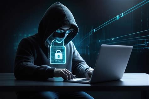 Hacker Using Laptop With Creative Glowing Digital Padlock Hologram On Blurry Dark Backdrop