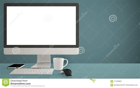 Desktop Mockup Template Computer On Blue Work Desk With Blank Screen Keyboard Mouse And