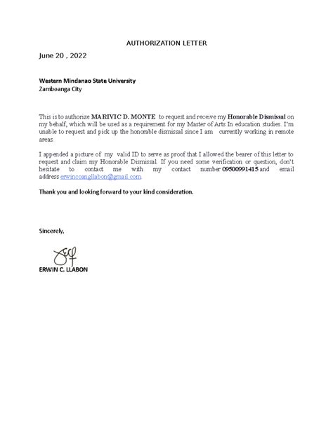 Authorization Letter Sample To Claim Tor
