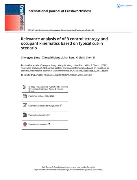 PDF Relevance Analysis Of AEB Control Strategy And Occupant Kinematics Based On Typical Cut In