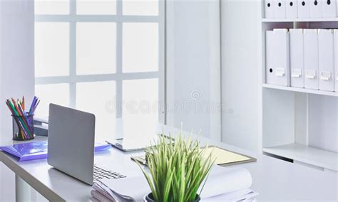 Workspace Presentation Mockup Desktop Computer And Office Supp Stock Image Image Of White