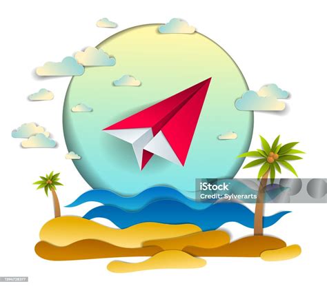 종이 비행기 플 라 잉 아름 다운 비치와 야자수 하늘 구름과 아름 다운 경치 좋은 바다와 바다 종이 접기 접는 장난감 비행기 바다 파도에 흐린 하늘에 벡터 바람에 대한 스톡