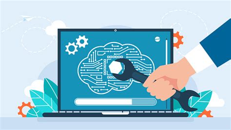 노트북을 가진 프로그래머 Ai 신경망이 있는 뇌 인공지능 디지털 회로가있는 뇌 너트를 고정하는 렌치가 있는 프로그램 손 코딩 기호 Pc 설정을 탭합니다 벡터 그림 Brand