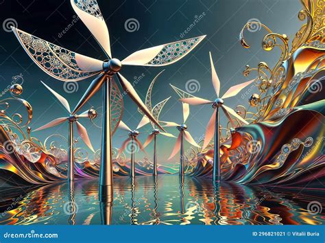 Wind Turbines In The Water 3d Rendering 3d Illustration Generative Ai Stock Illustration