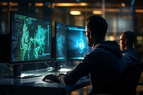 Software Developer And A Man At Computer For Coding Script Or Cyber