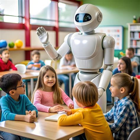 a friendly robot teacher interacts with a group of elementary school