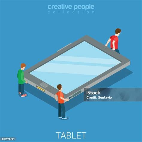 움직이는 평면 3d 아이소메트리 Isometric 기술 개념 웹 벡터 일러스트 레이 션 태블릿 젊은 이들이 큰 빈을 데리고 터치