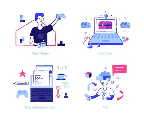 게임 개발 개념 Doodle Vr 게임 만화 소년은 조이스틱을 들고 가상 현실 안경을 쓰고 코딩 또는 프로그래밍을 위한 노트북 인터페이스 게이머는 집 벡터 세트를 유지합니다