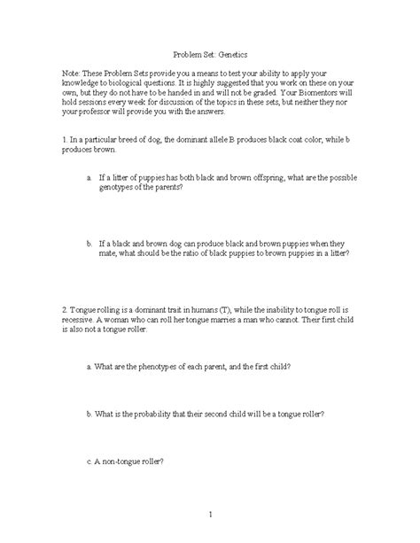 Genetics Problem Set Problem Set Genetics Note These Problem Sets Provide You A Means To