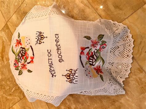 ᐉ Серветка великодня на кошик з вишивкою і кружевом овальна 40х60 см Білий Світло помаранчевий