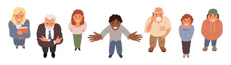 위를 올려다보는 사람들 평면도 사람 캐주얼 남녀가 아래에서 바라 봅니다 다른 연령 놀라움 캐릭터 서서 위를 바라봅니다 긍정적 인 표현 슬픈 감정 화려한 벡터 세트 보기 정적
