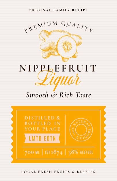 가족 조리법 Nipplefruit 주류 알코올 라벨 추상 벡터 포장 디자인 레이아웃 손으로 그린 소 젖통 과일 슬라이스 실루엣 로고와 배경이 분리된 현대적인 타이포그래피