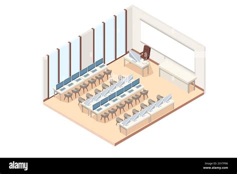 Isometric Computer Classroom With Rows Of Desks Educational It Lab