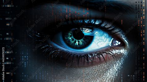 In A Cybercrime Investigation Hub The Womans Cybernetic Eye Scans Lines Of Code Embodying The