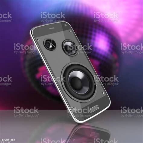 뮤지컬 스마트폰 휴대 전화 음악 애플 리 케이 션 핸드폰 및 디스코에 스피커 볼 반사와 배경 3d 0명에 대한 스톡 사진 및 기타 이미지 Istock