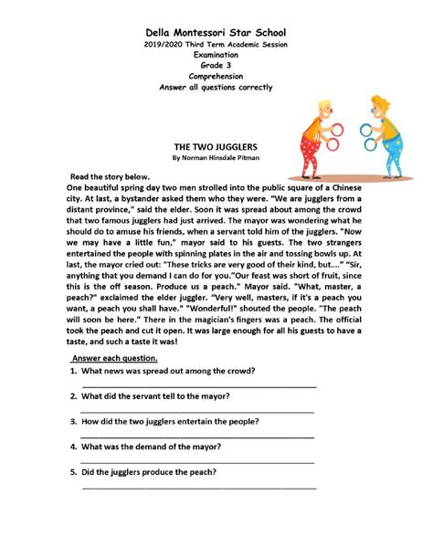 Grade Comprehension Examination Worksheet Comprehension Reading Comprehension Passages