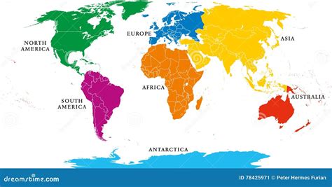 Seven Continents Map With National Borders Stock Vector Illustration