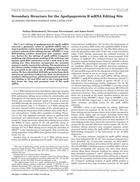 Pdf Secondary Structure For The Apolipoprotein B Mrna Editing Site Au Binding Proteins
