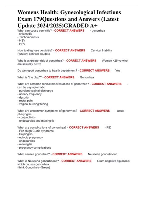 Womens Health Gynecological Infections Exam 179questions And Answers Latest Update 2024 2025