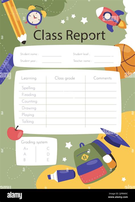 Hand Drawn Class Report Card Template Vector Illustration Stock Vector