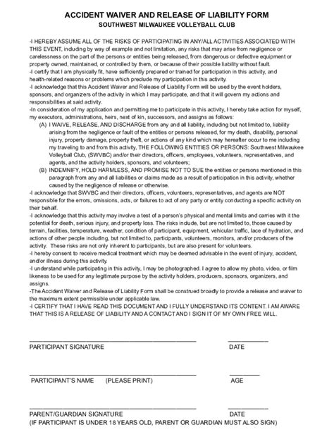 Fillable Online ACCIDENT WAIVER AND RELEASE OF LIABILITY FORM Ngin Fax Email Print PdfFiller