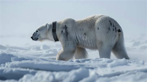 Polar Bear With Tracking Collar Explores Icy Habitat While Researchers