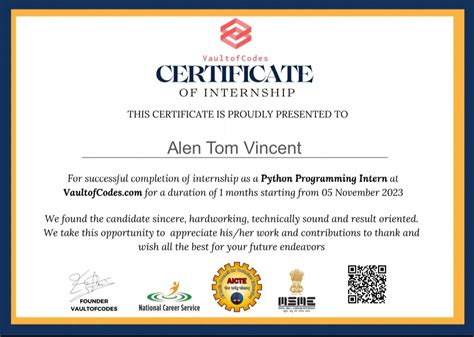 Alen Tom Vincent On Linkedin Python Internshipcompletion Vaultofcodes Problemsolving