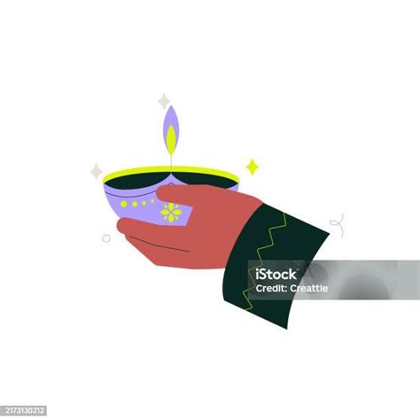 빛과 영적 조명의 축제를 상징하는 전통적인 기름 램프를 들고 손을 들고 디왈리 축하 흰색 배경에 고립 된 평면 벡터 일러스트 레이 션 공휴일에 대한 스톡 벡터 아트 및 기타