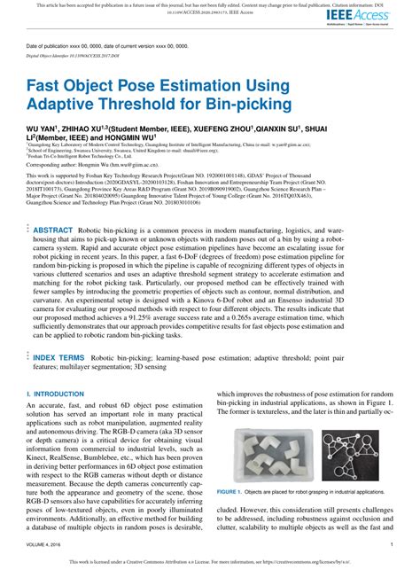 Pdf Fast Object Pose Estimation Using Adaptive Threshold For Bin Picking