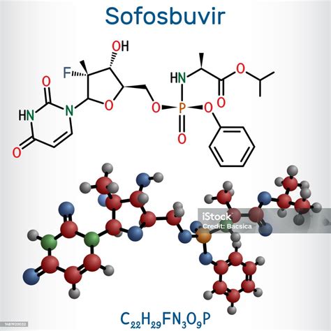 소포스 부 비르 분자 그것은 C 형 간염 바이러스 Hcv 감염을 치료하는 데 사용되는 항 바이러스 약물입니다 구조 화학식 분자 모델 0명에 대한 스톡 벡터 아트 및 기타