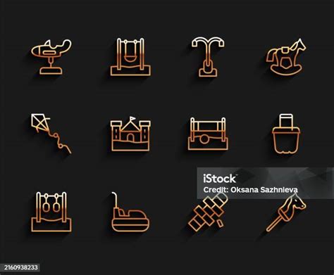 세트 라인 체조 링 범퍼카 스윙 비행기 Hopscotch 장난감 말 모래 성 양동이 및 볼 아이콘이 있는 배구 네트 벡터 거리에 대한 스톡 벡터 아트 및 기타 이미지