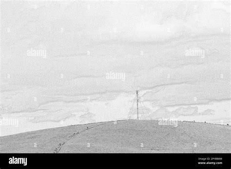 Transmitting Station On Hill And Heavy Clouds Engraving Hand Drawn