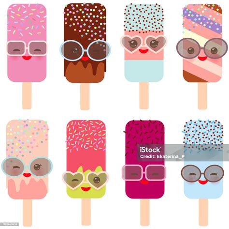 얼음 크림 선글라스 분홍색 뺨 및 윙크 얼음 롤리 귀여운 눈 흰색 바탕에 파스텔 색상 설정된 벡터 아이스크림에 대한 스톡 벡터 아트 및 기타 이미지 Istock