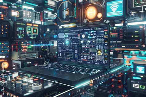a dynamic digital workspace with a high tech laptop virtual screens of
