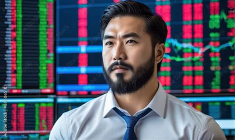 Foto De Bearded Muscular Man Successful Stock Trader In Front Of A