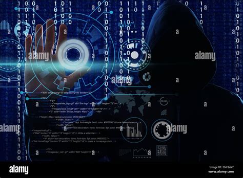 Man In Hood And Digital Binary Code On Dark Background Cyber Attack