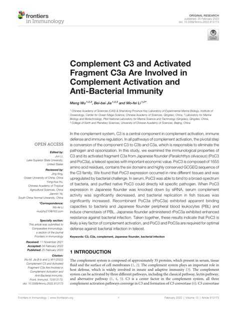 PDF Complement C And Activated Fragment C A Are Involved In Complement Activation And Anti