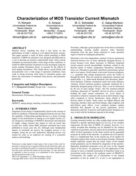 Pdf Characterization Of Mos Transistor Current Mismatch