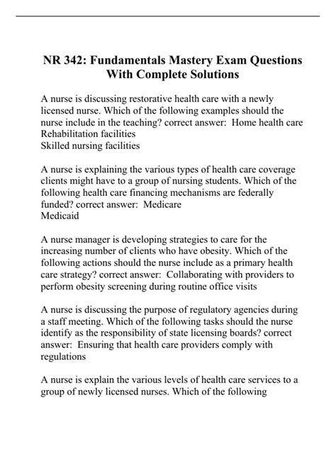 Nr 342 Fundamentals Mastery Exam Questions With Complete Solutions