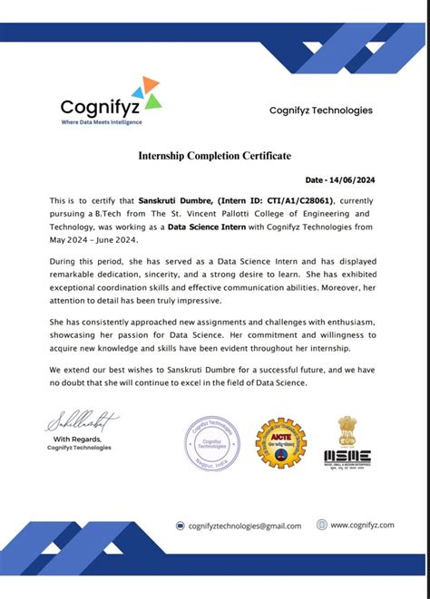 finished data science internship at cognifyz sanskruti dumbre posted