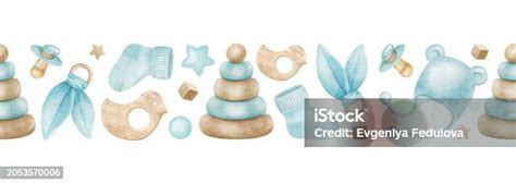 신생아 소년을 위한 액세서리의 이음매 없는 테두리 장난감 피라미드 노리개 모자 양말 별 치발기 고립된 수채화 삽화 어린이에 적합 하 게 쇼핑 카드 베이비 샤워 아이 방 0