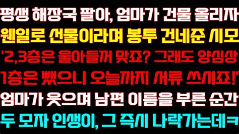 반전 신청사연 해장국 장사해서 엄마가 건물 올리자 선물이라며 서류 건네준 시모 엄마가 남편 이름 부른 순간 나락가는데실화사연사연낭독라디오드라마신청사연 라디오