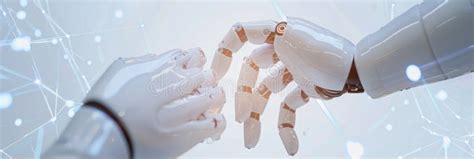 Human And Robot Hands Touch On Big Data Network Connection Backdrop For Technological Synergy
