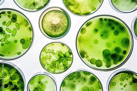 Algae Microalgae In Petri Dishes Research In Laboratories Biotechnology Science Flat Lay