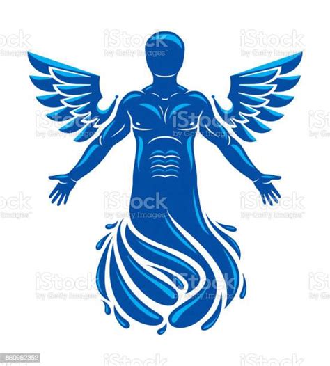 근육 질의 인간 개별 새 날개와의 그래픽 일러스트 벡터 순수한 물은 무료 생활 포세이돈은 바다의 신과 모든 바다의 수비수입니다 개념에 대한 스톡 벡터 아트 및 기타 이미지