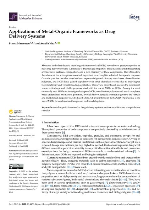 Pdf Applications Of Metal Organic Frameworks As Drug Delivery Systems