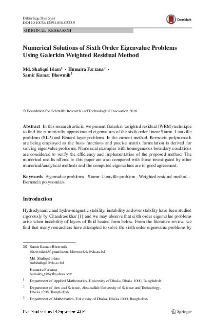 Pdf Numerical Solutions Of Sixth Order Eigenvalue Problems Using Galerkin Weighted Residual Method