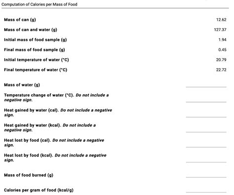 Solved Computation Of Calories Per Mass Of Food Mass Of Can G 1262
