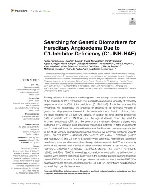 Pdf Searching For Genetic Biomarkers For Hereditary Angioedema Due To